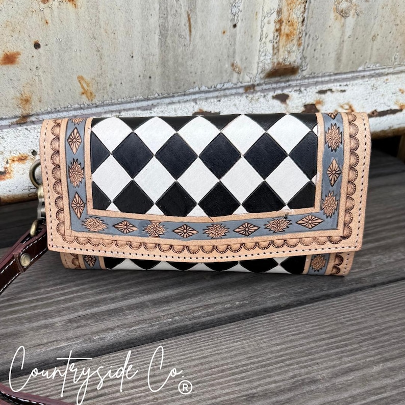 Zadie Checkered Tooled Leather Wallet - Etsy