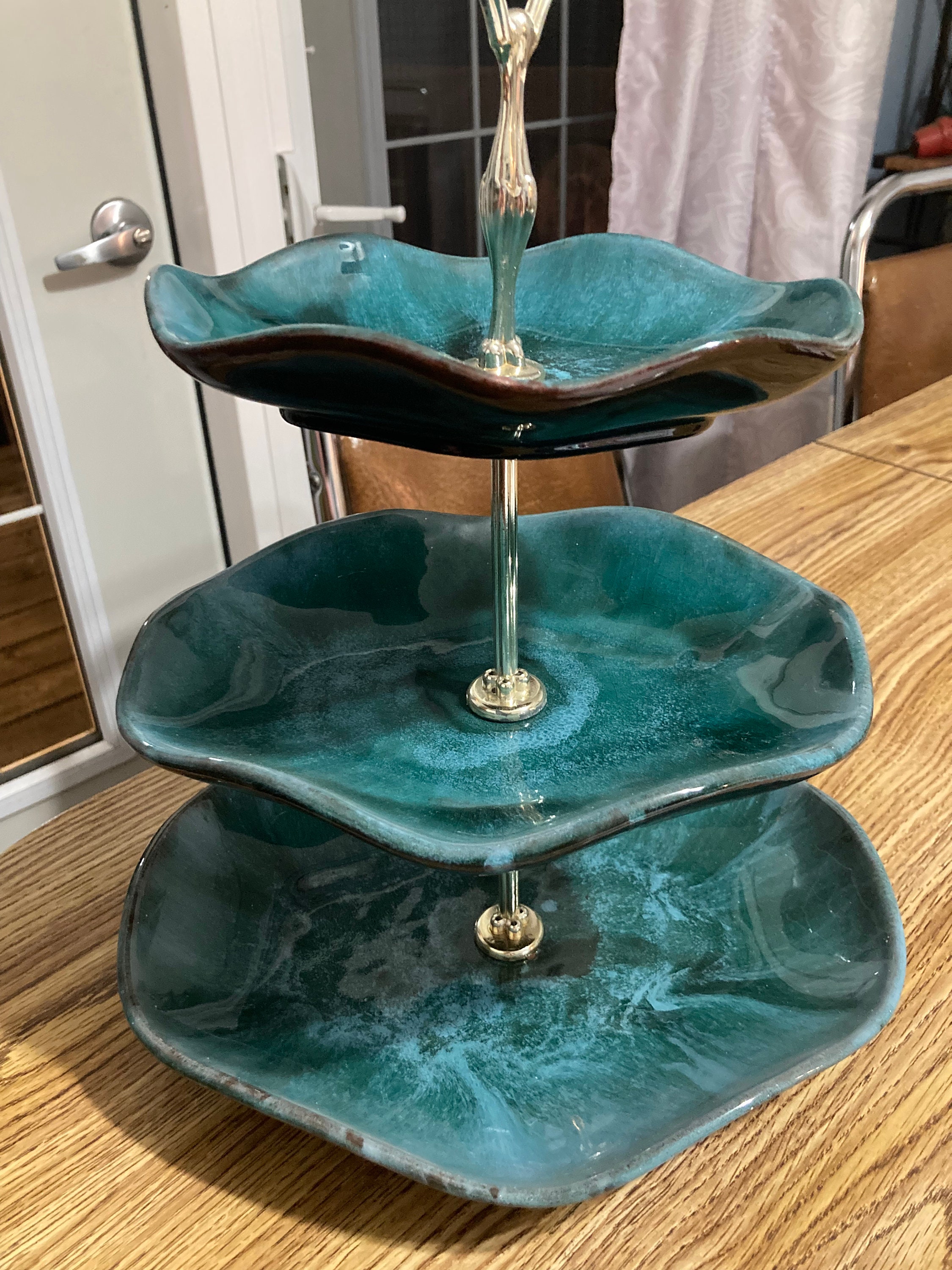 Blue Mountain Pottery 3 Tier Tray Stand Jade Green Cake Stand Gorgeous ...