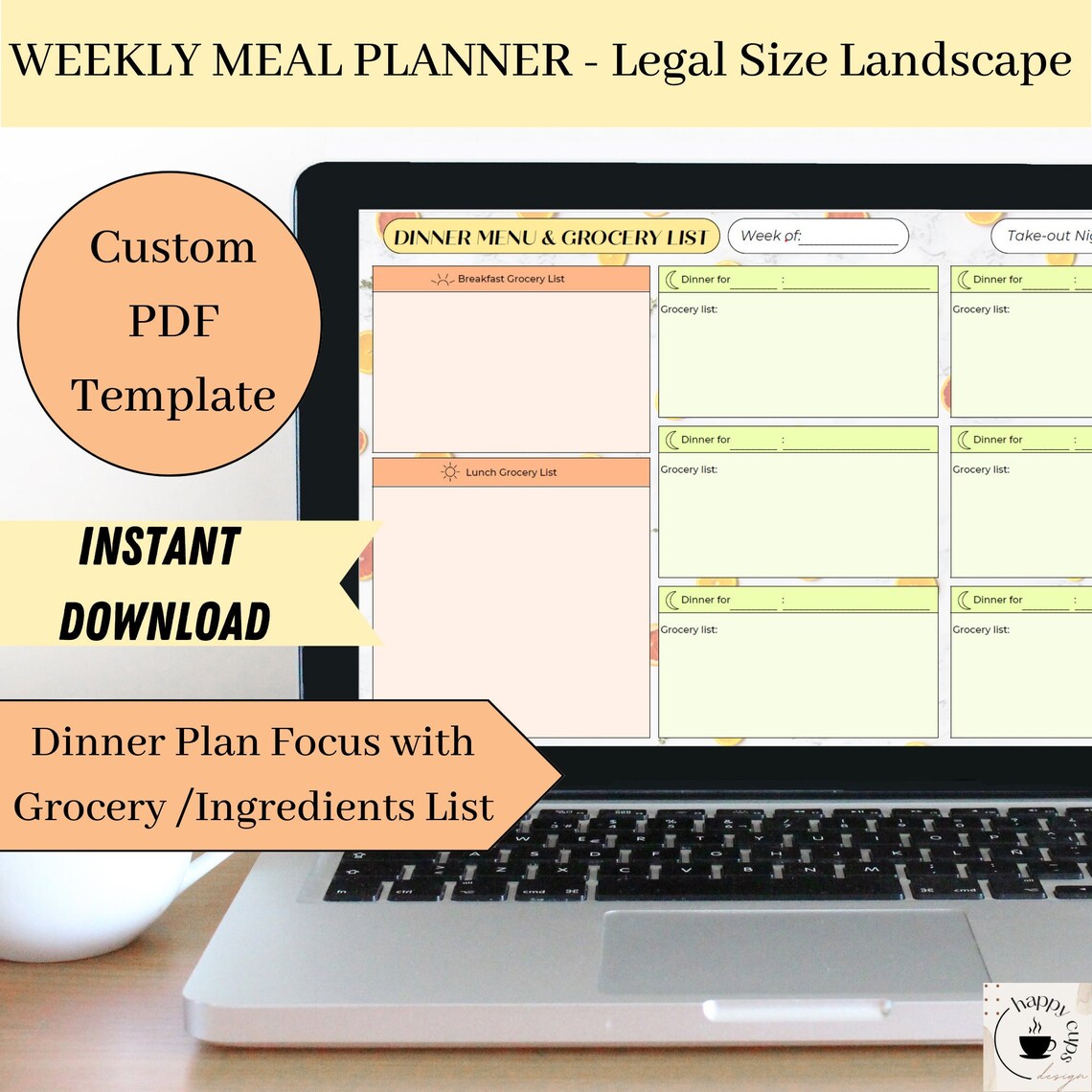 Printable Meal Planner and Grocery List Template| Meal Prep, Daily Menu ...