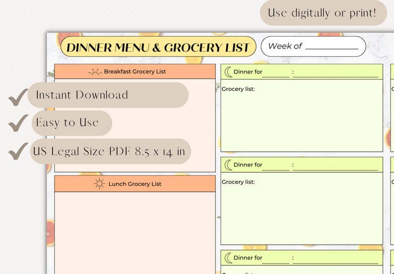 Printable Meal Planner and Grocery List Template| Meal Prep, Daily Menu ...