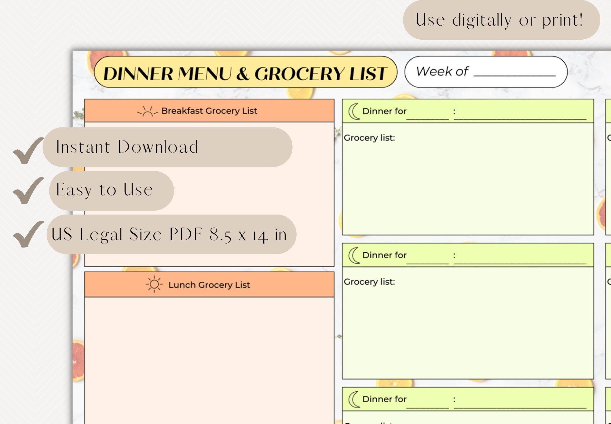 Printable Meal Planner and Grocery List Template| Meal Prep, Daily Menu ...