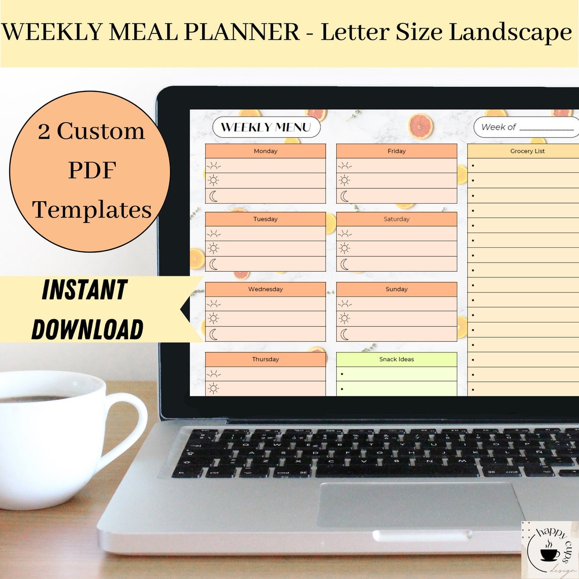 Weekly Meal Planner Templates Printable and Digital US Letter Size PDF ...