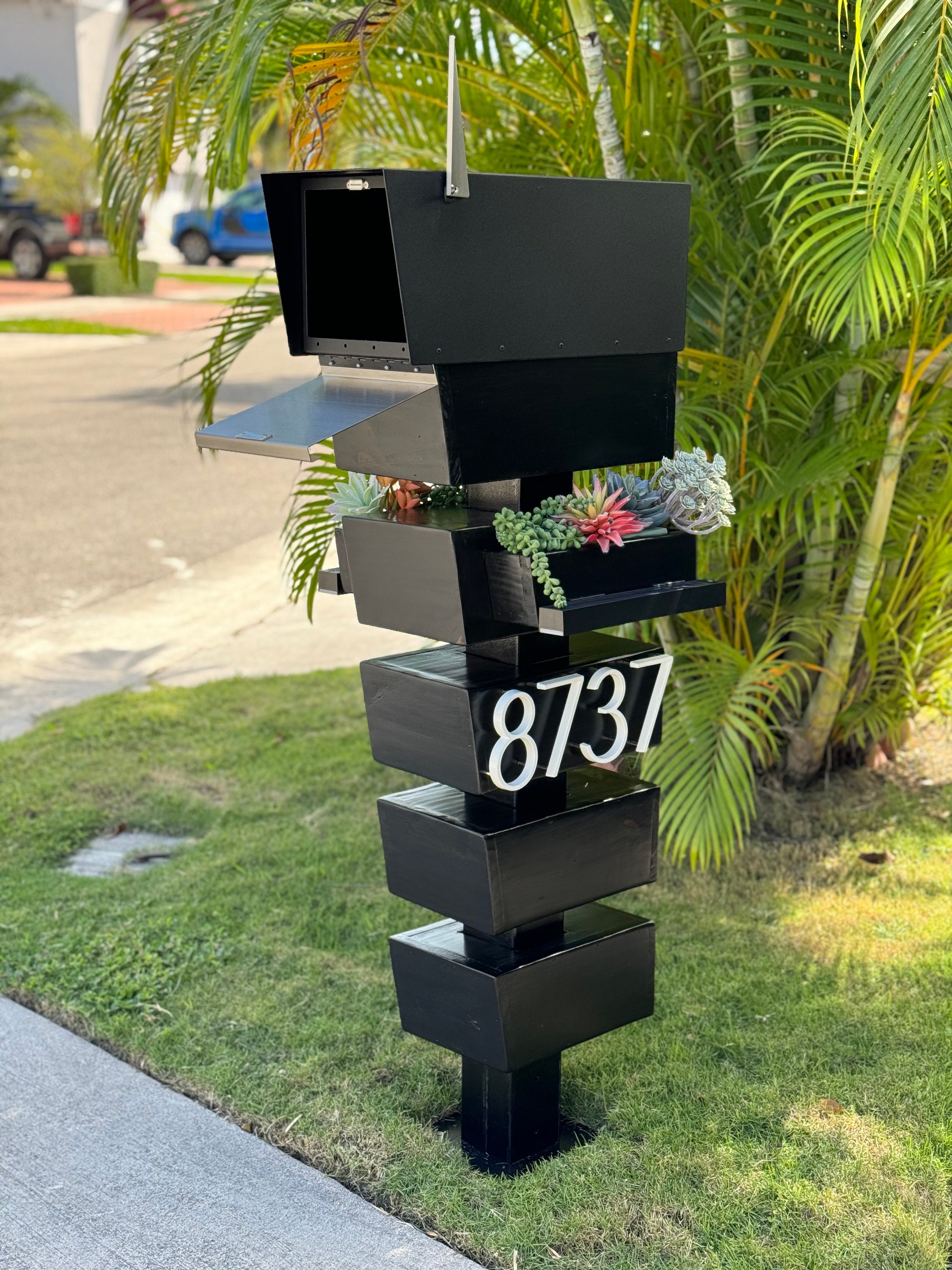 Modern Mailbox With Succulent & Mailboxes Post Numbers, Custom Mailbox ...