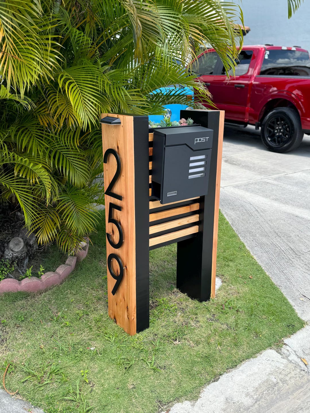 Modern Wood Mailbox With Planter – Custom House Numbers - Etsy