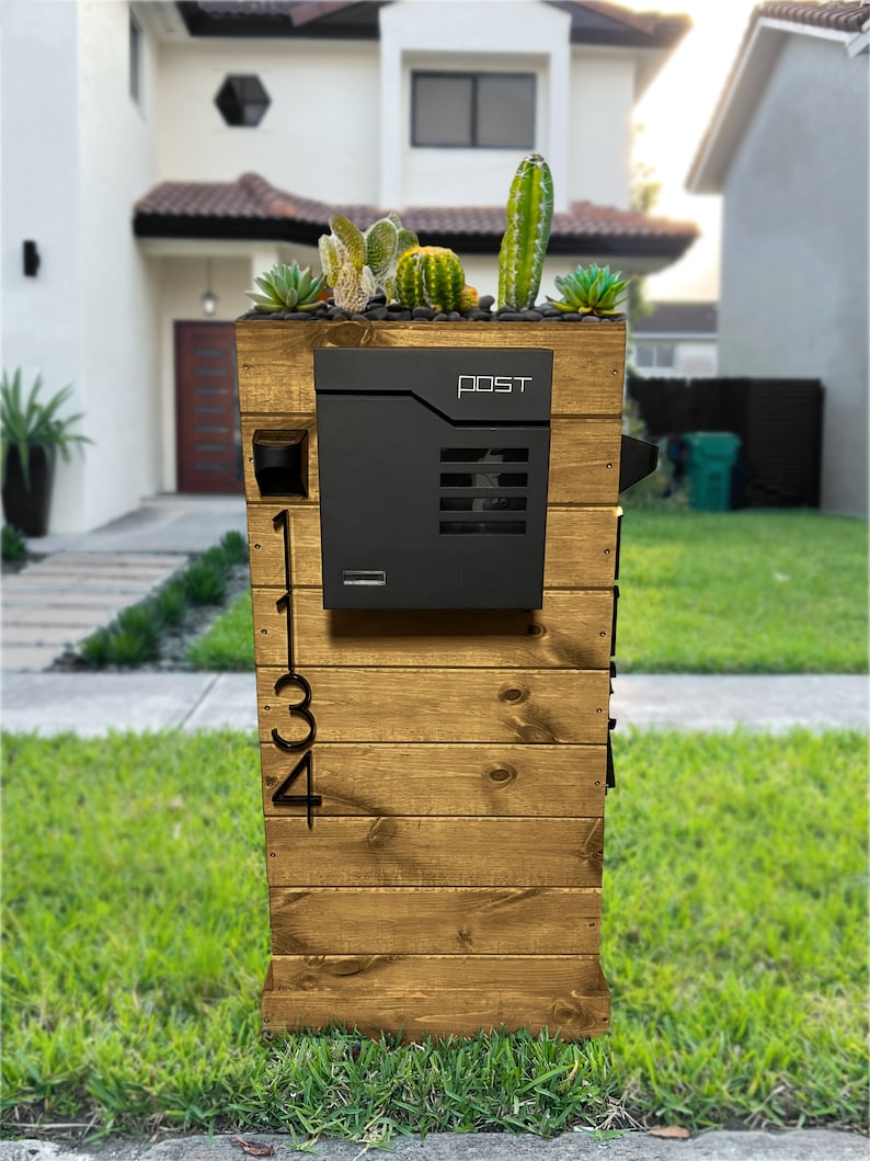 Modern Wood Mailbox With Succulent Planter, Custom House Numbers - Etsy