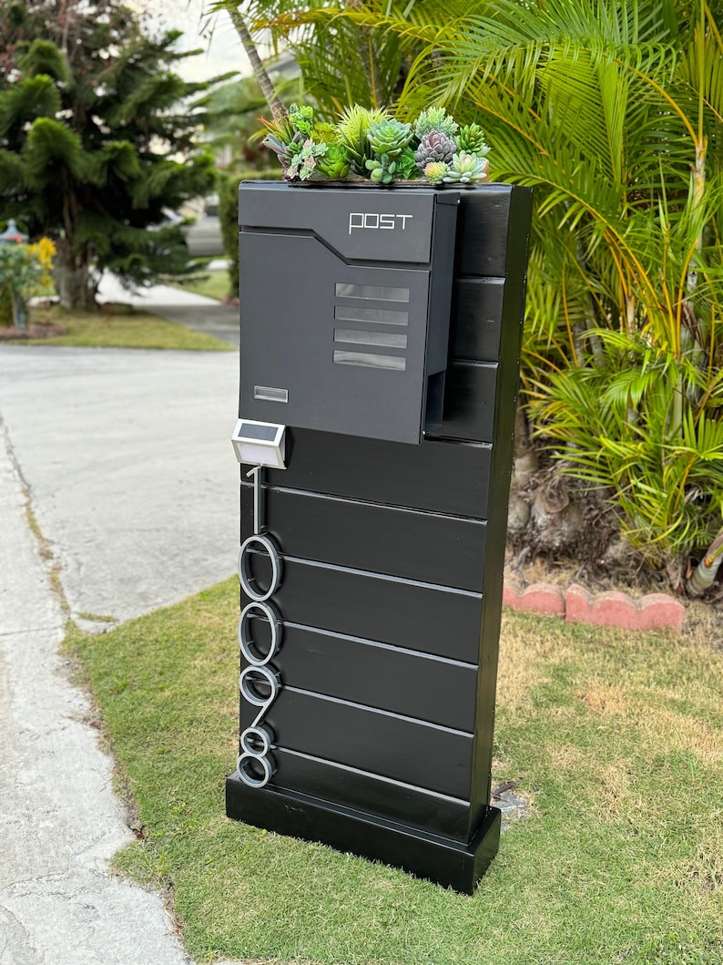 Black Modern Mailbox With Wood Base – Custom House Numbers - Etsy