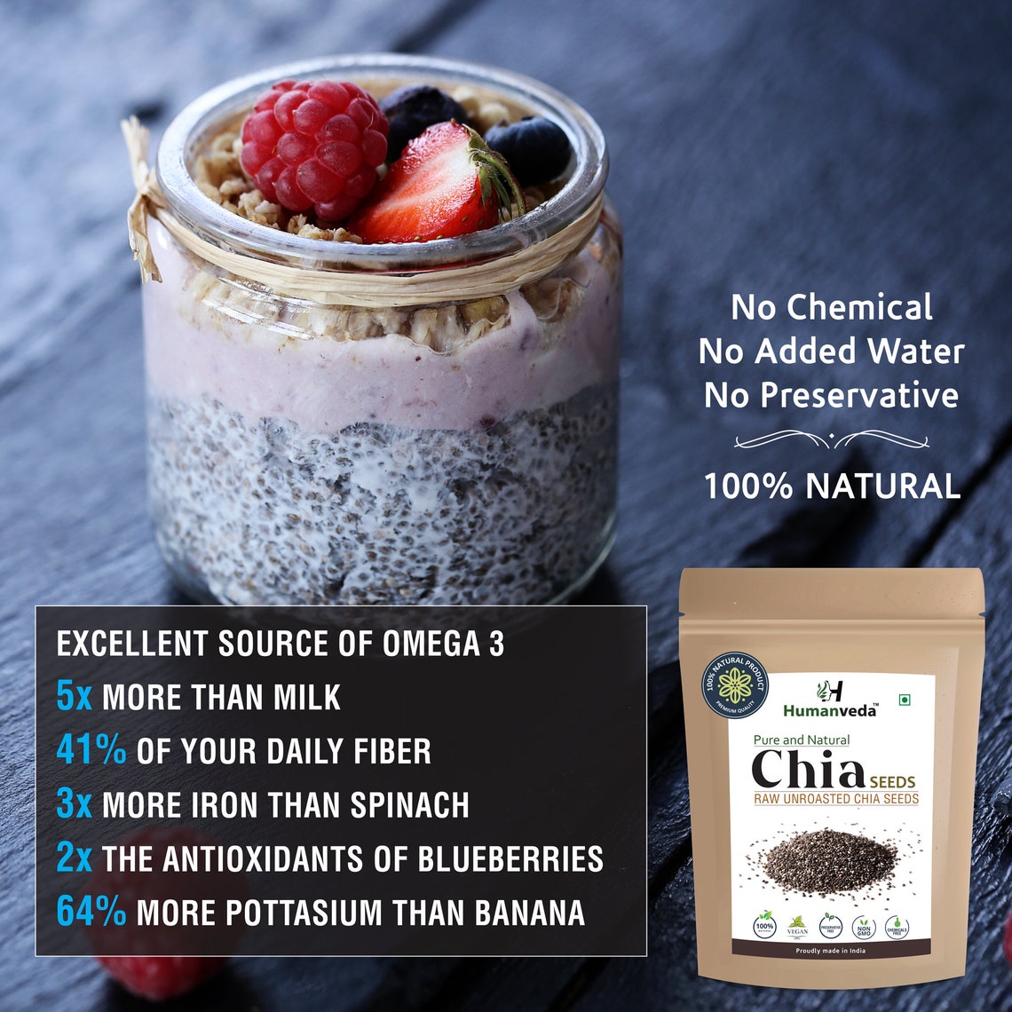Humanveda 100% Pure Raw Chia Seeds for Weight Loss With Omega 3, Calcium Rich Seeds, 100g Chia ...