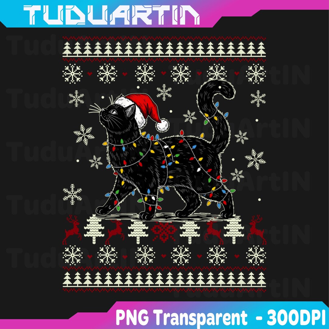 Funny Black Cat Christmas Lights Ugly Santa Hat Png, Cute Cat Christmas ...