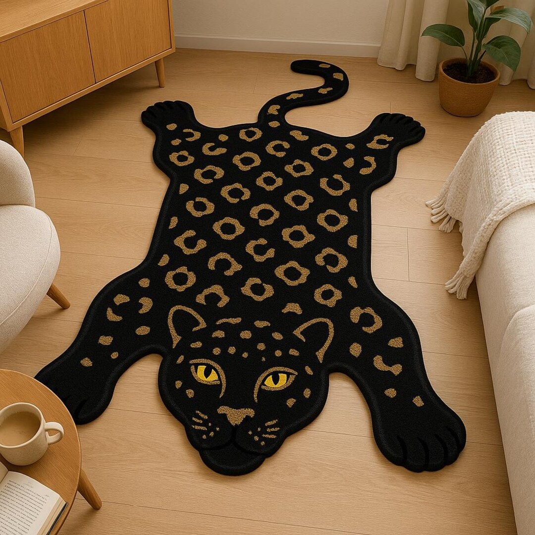 Leopard Shaped Rug: Black & Gold Animal Print, Handmade Wool Carpet - Etsy