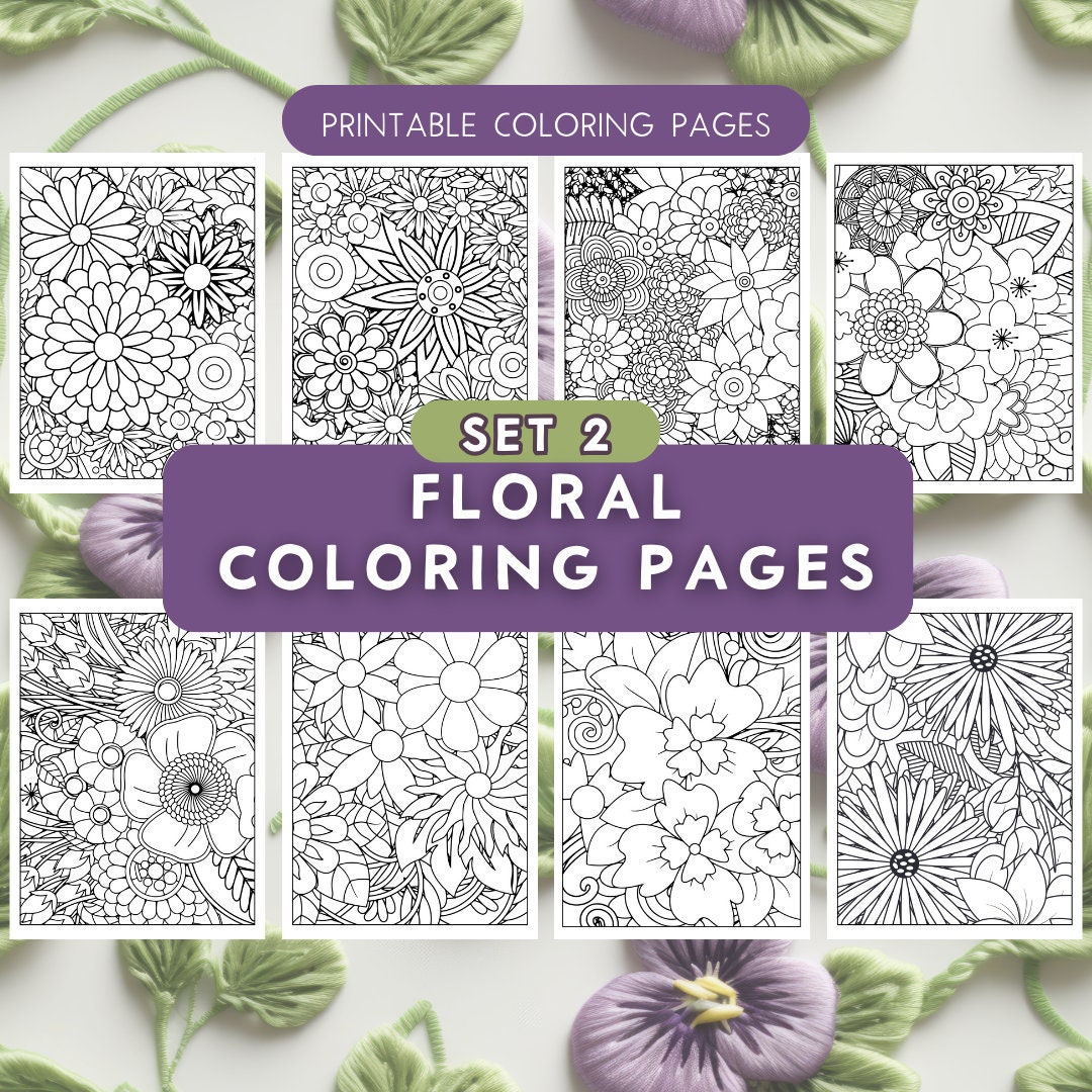 Set 2 | 50 Flower Coloring Pages | Floral Coloring Pages | Relaxing ...
