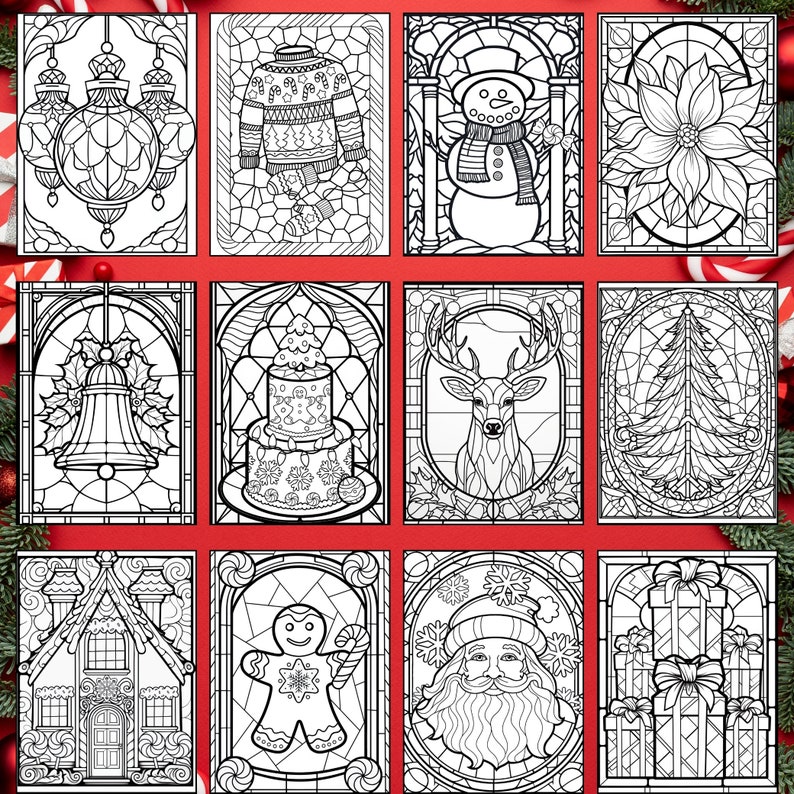 30 Christmas Stained Glass Coloring Pages Winter Coloring Stress Relief ...