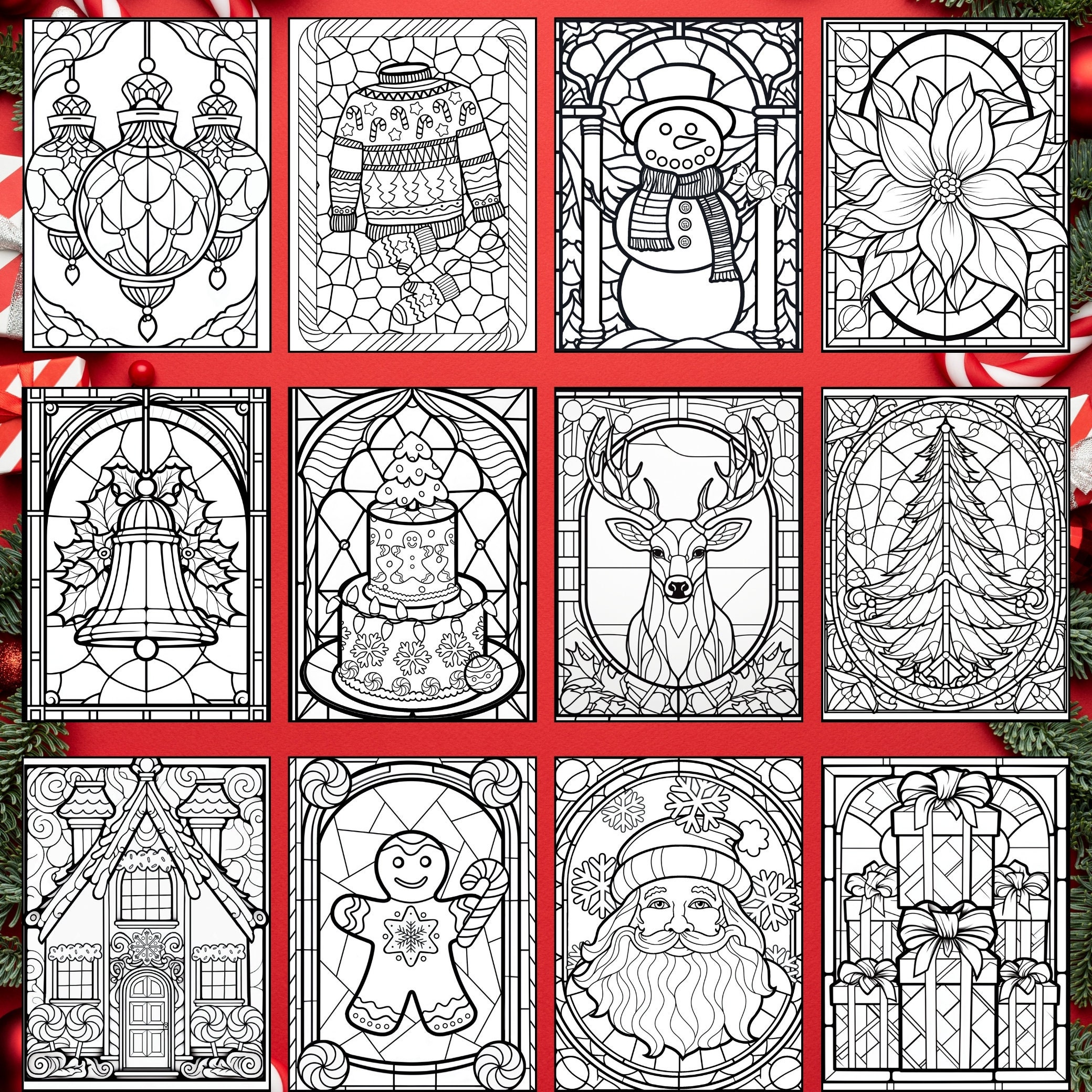 30 Christmas Stained Glass Coloring Pages Winter Coloring Stress Relief ...