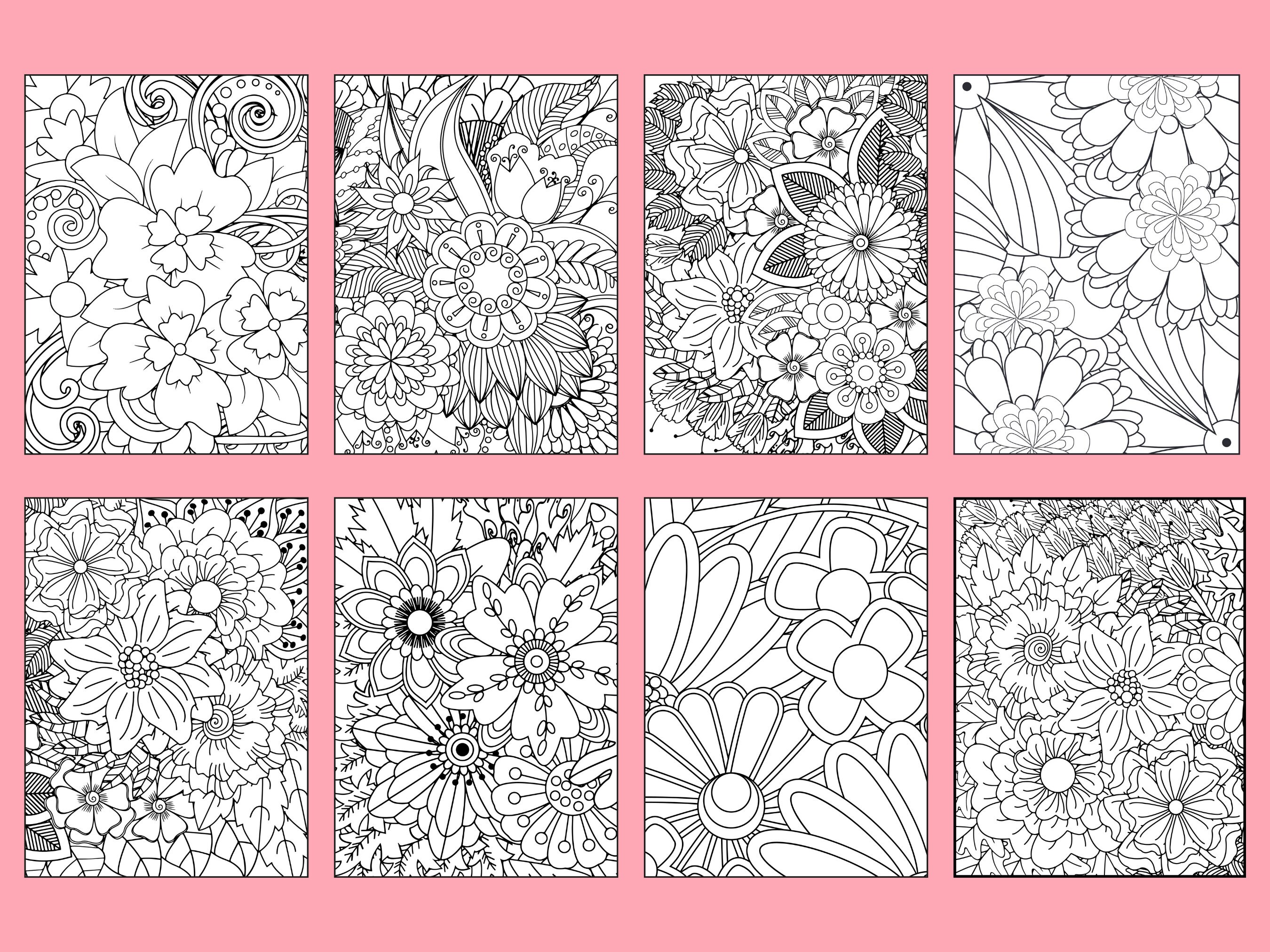 Set 2 50 Flower Coloring Pages Floral Coloring Pages Relaxing Stress ...
