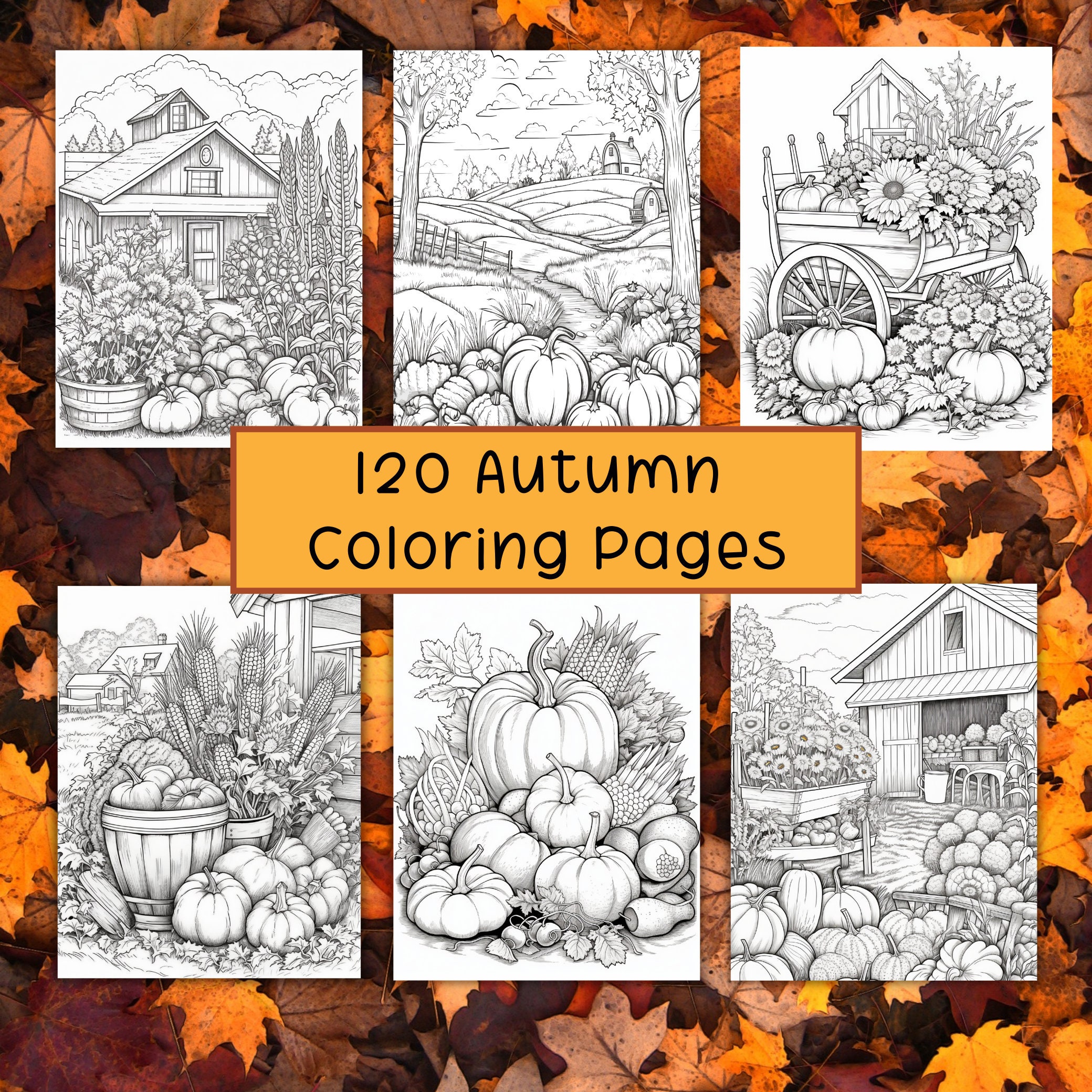 120 Autumn Coloring Pages: Stress Relief Adult Designs (instant ...