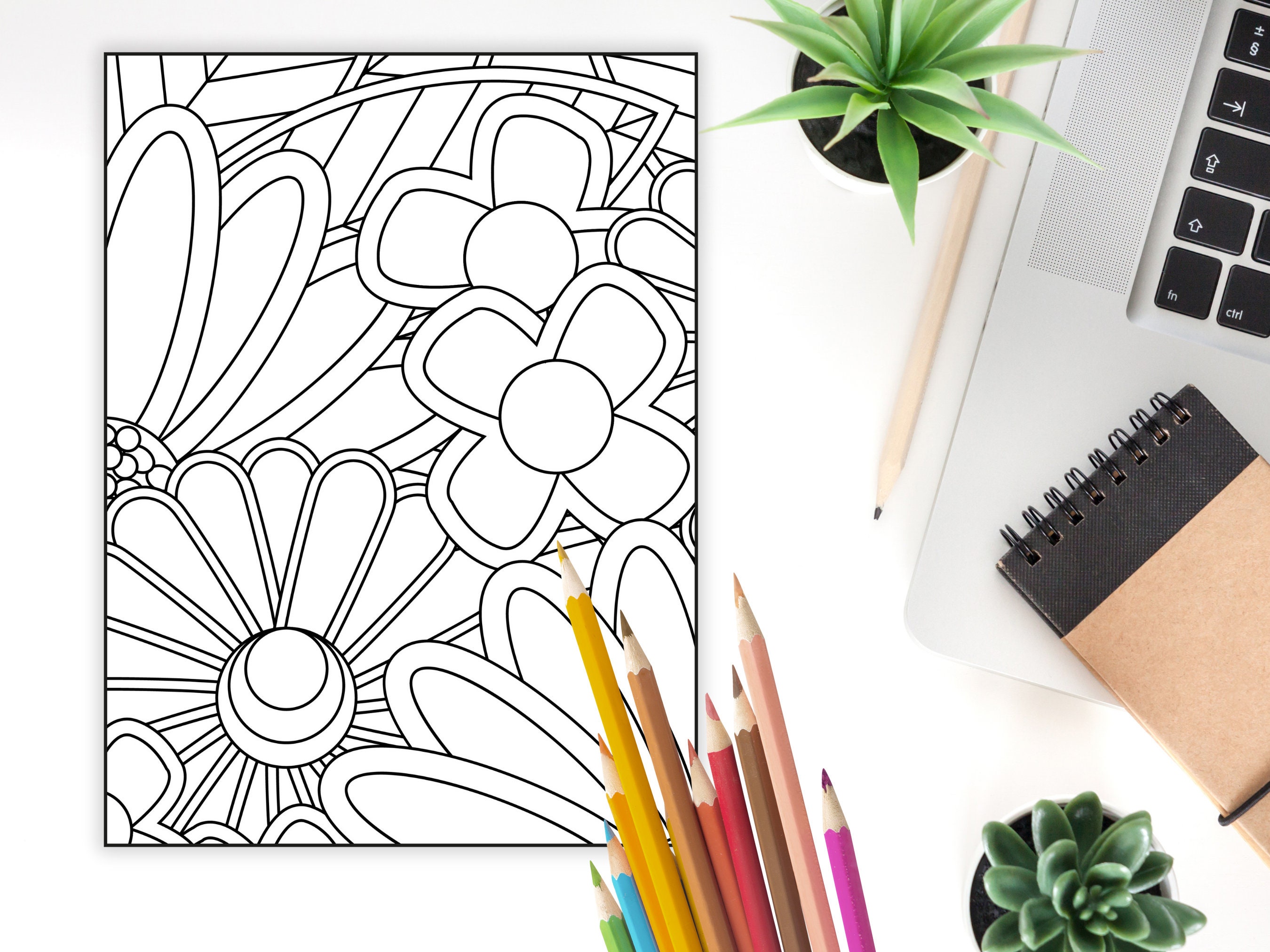 Set 2 50 Flower Coloring Pages Floral Coloring Pages Relaxing Stress ...
