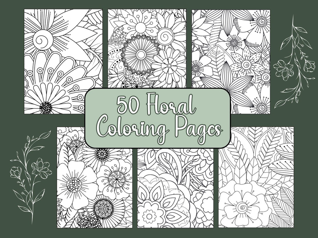 Set 1 50 Flower Coloring Pages Floral Coloring Pages Relaxing Stress ...