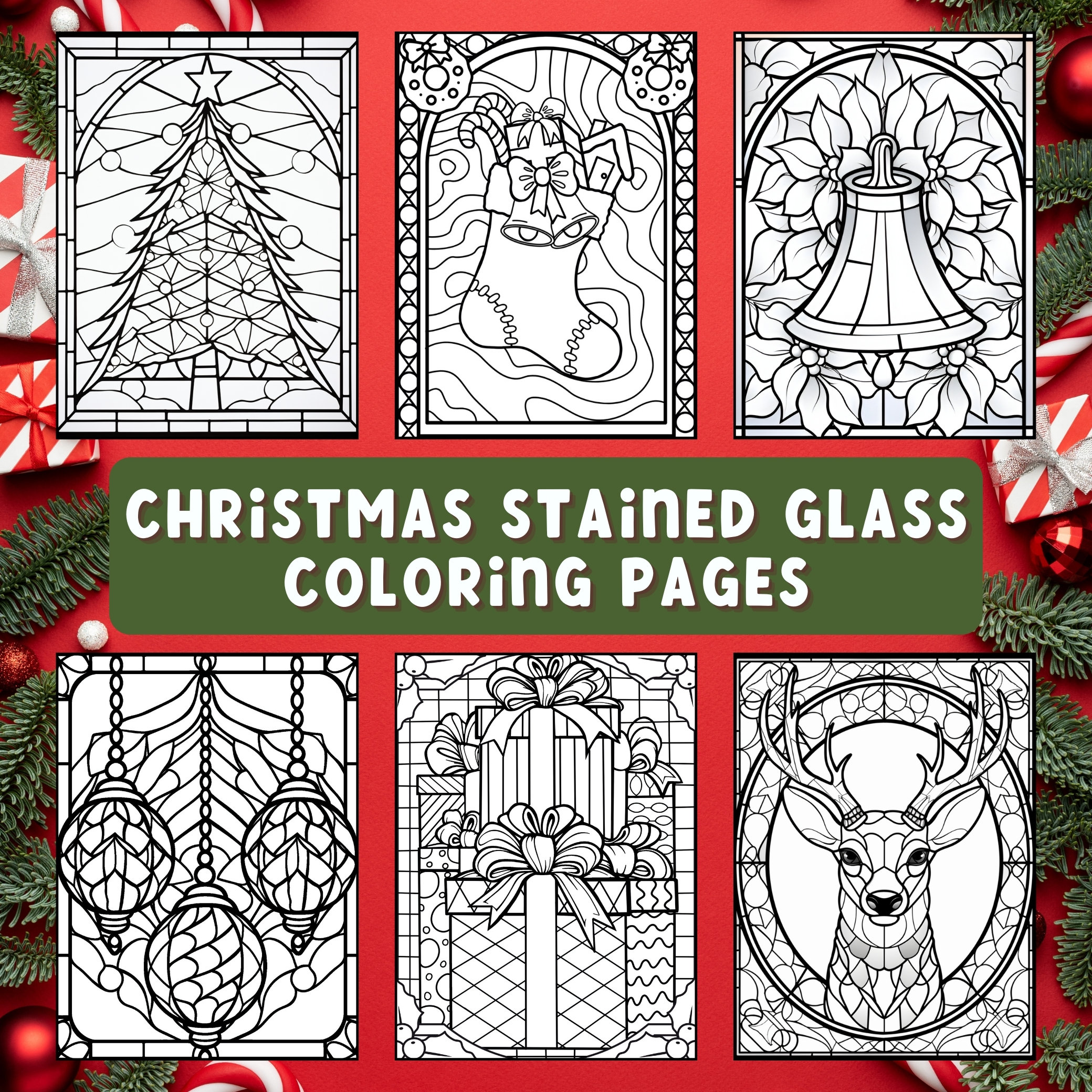 30 Christmas Stained Glass Coloring Pages Winter Coloring Stress Relief ...