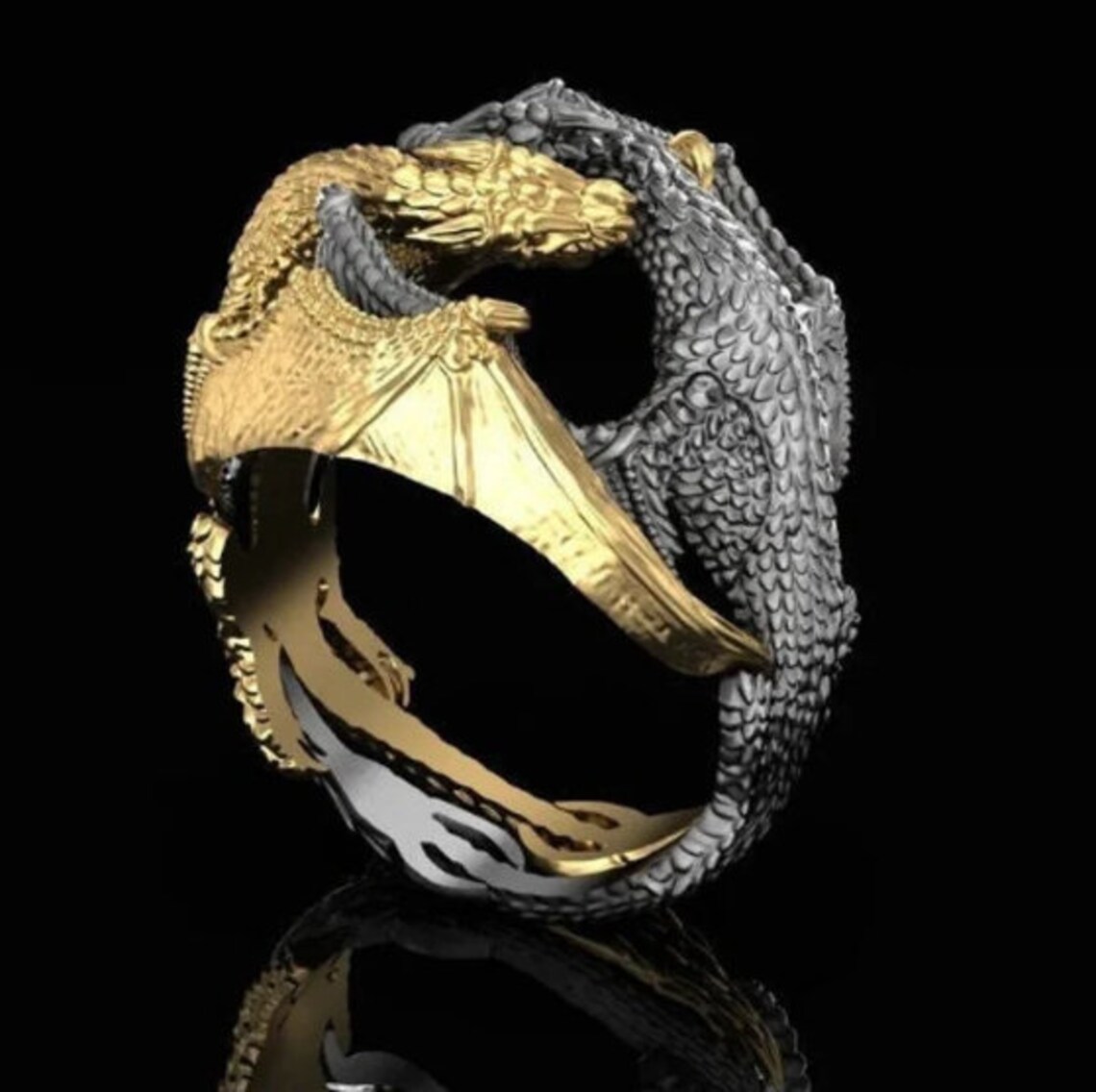 925 Sterling Silver,double Fighting Dragon Men Ring, Oxidized Dragon ...