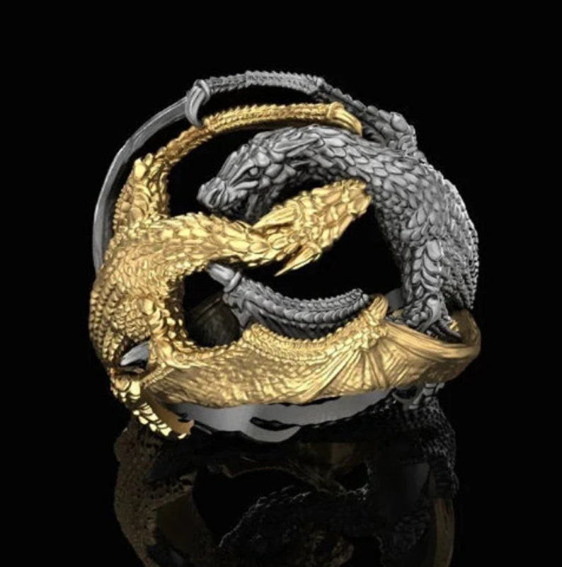 925 Sterling Silver,double Fighting Dragon Men Ring, Oxidized Dragon ...
