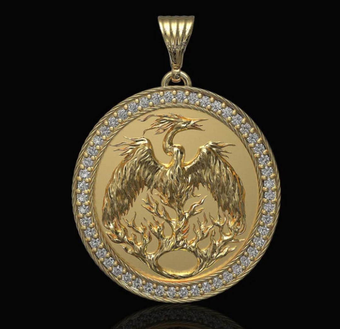 14K Gold Over Diamond Phoenix Pendant Man Phoenix Pendant Men Coin ...