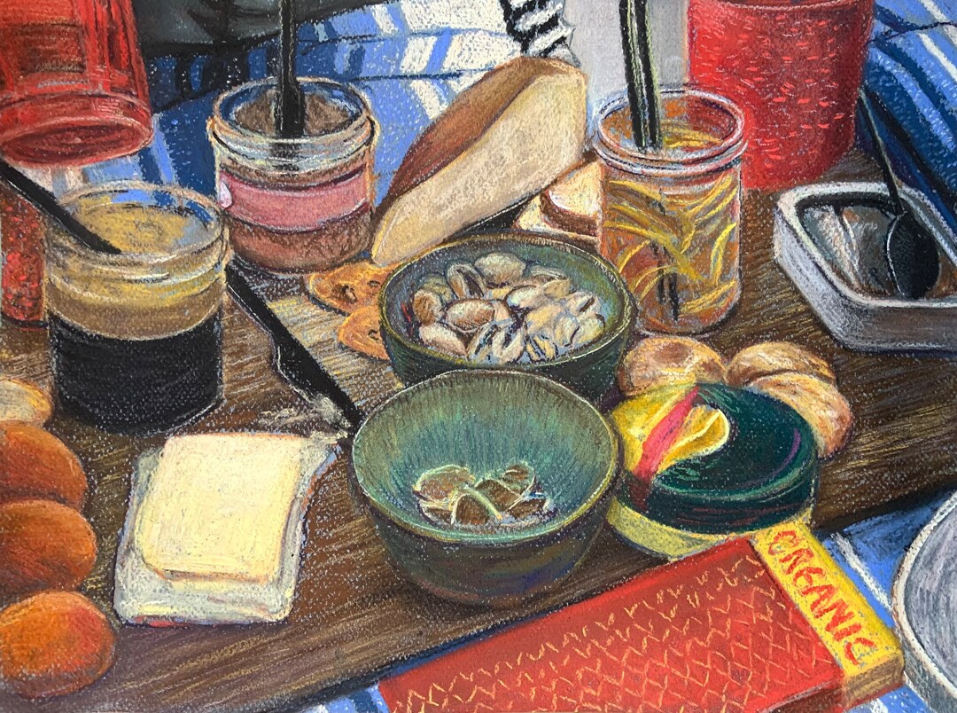 Obra de arte original: dibujo de bodegón de tabla de queso Pastel suave ...