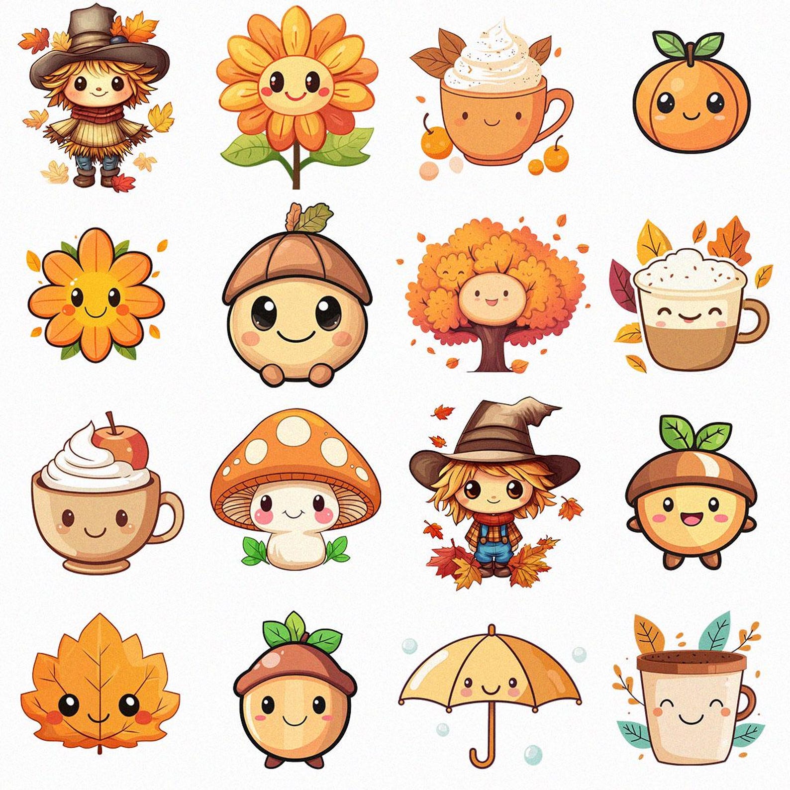 Kawaii Fall Cute Autumn Clipart Bundle Fall Vibes Transparent PNG ...