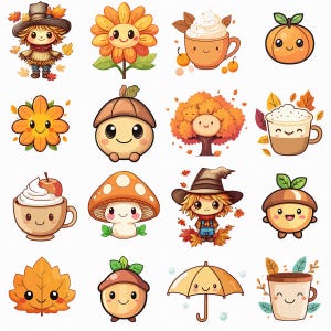 Kawaii Fall Cute Autumn Clipart Bundle Fall Vibes Transparent PNG ...