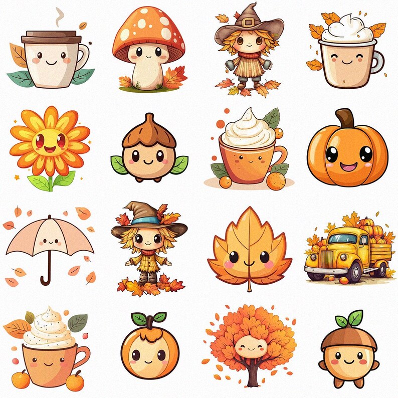 Kawaii Fall Cute Autumn Clipart Bundle Fall Vibes Transparent PNG ...