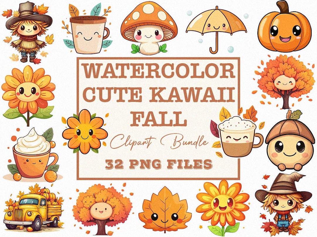 Kawaii Fall Cute Autumn Clipart Bundle Fall Vibes Transparent PNG ...