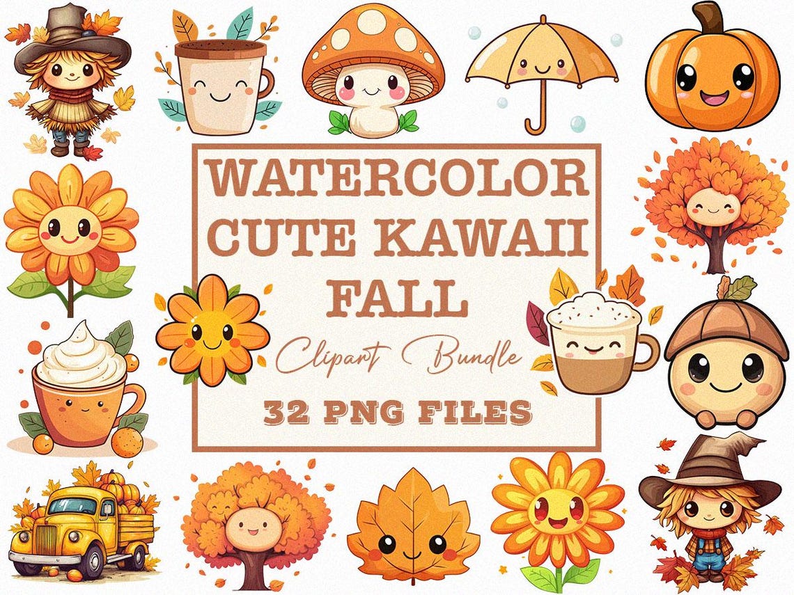 Kawaii Fall Cute Autumn Clipart Bundle Fall Vibes Transparent PNG ...