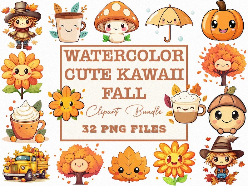 Kawaii Fall Cute Autumn Clipart Bundle Fall Vibes Transparent PNG ...