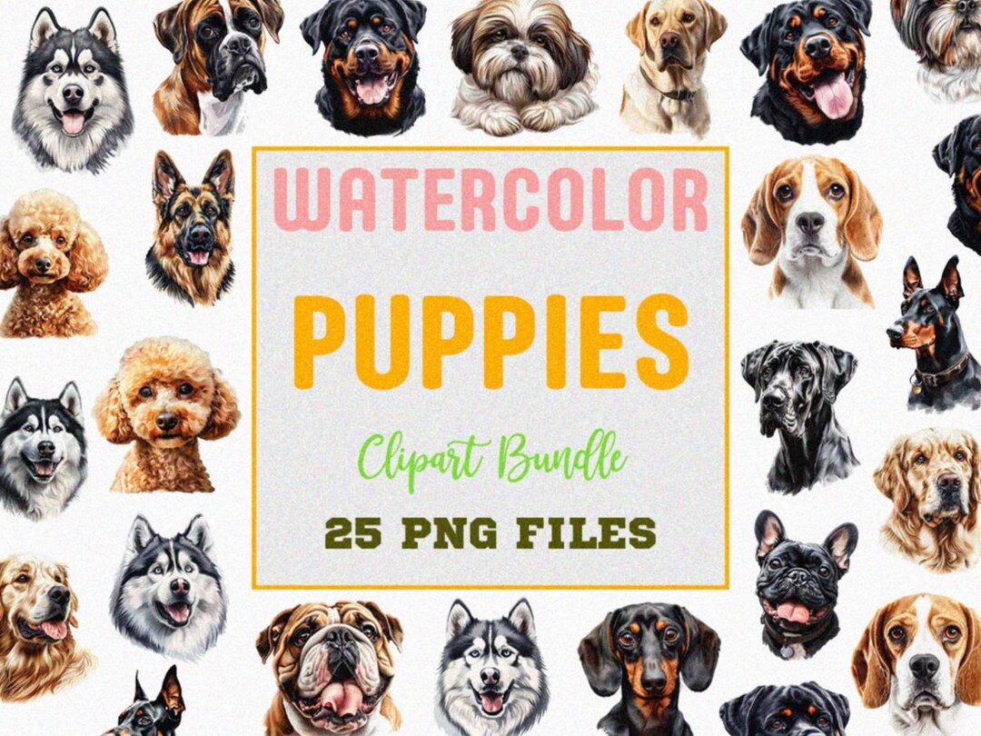 Watercolor Puppy Clipart, 300 Dog Breeds Clipart Bundle, Puppy Dog ...