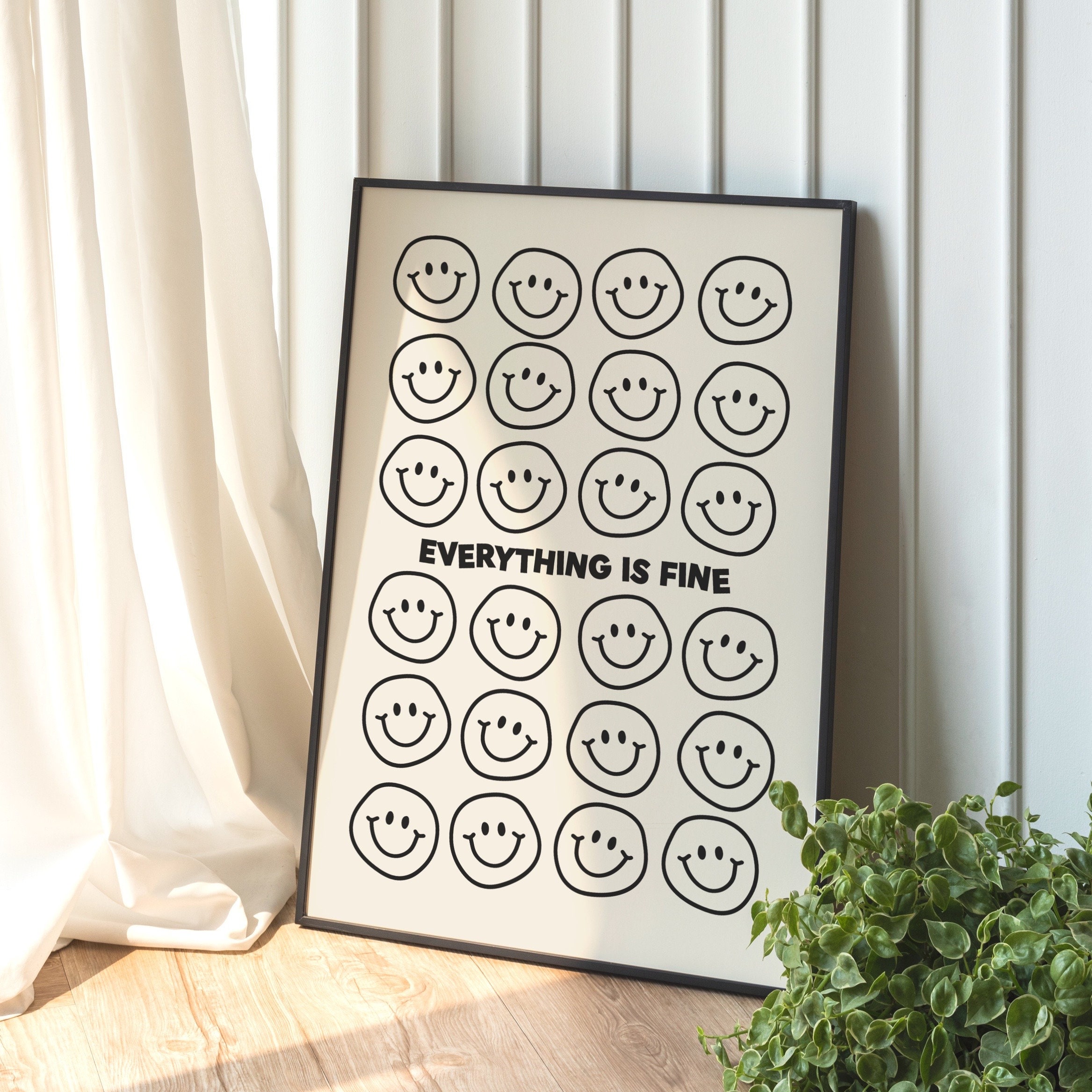Everything is Fine Smiley Face Wall Art | Happy Face Cream Black and ...