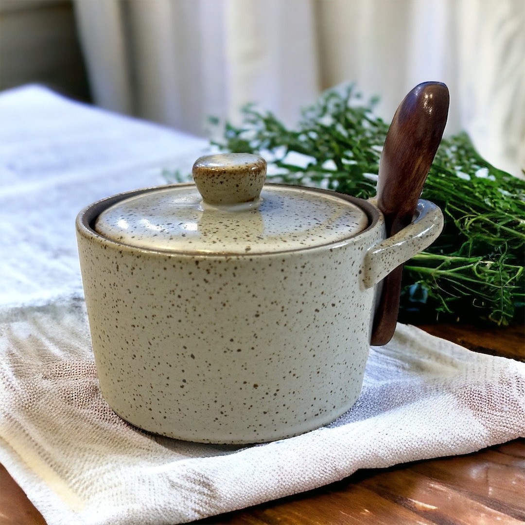Speckled Salt Cellar With Lid and Wooden Spoon, Rustic Farmhouse ...