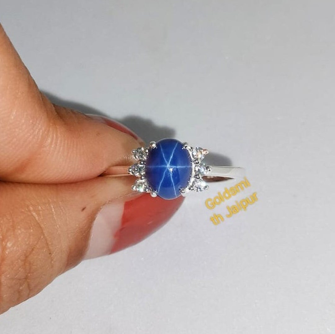 Blue Star Sapphire Ring, CZ Diamond, 925 Sterling Silver - Etsy