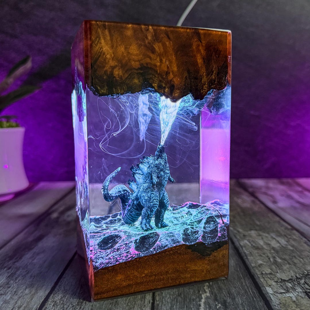 God.zi.lla Resin Lamp, MONSTER Table Lamp, Epoxy Wooden Night Light ...