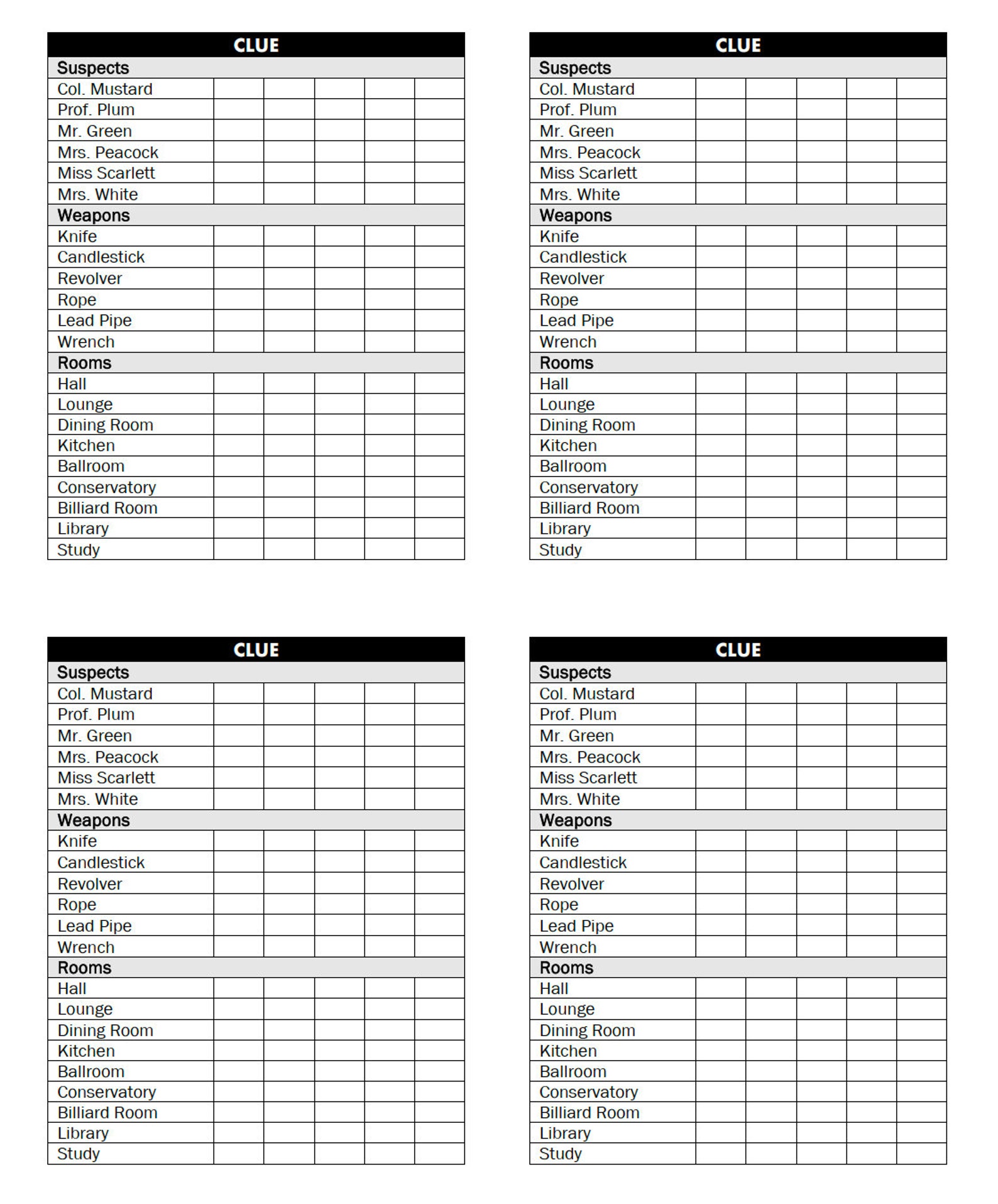 Clue Score Sheets: Printable Game Sheets (digital Download) - Etsy