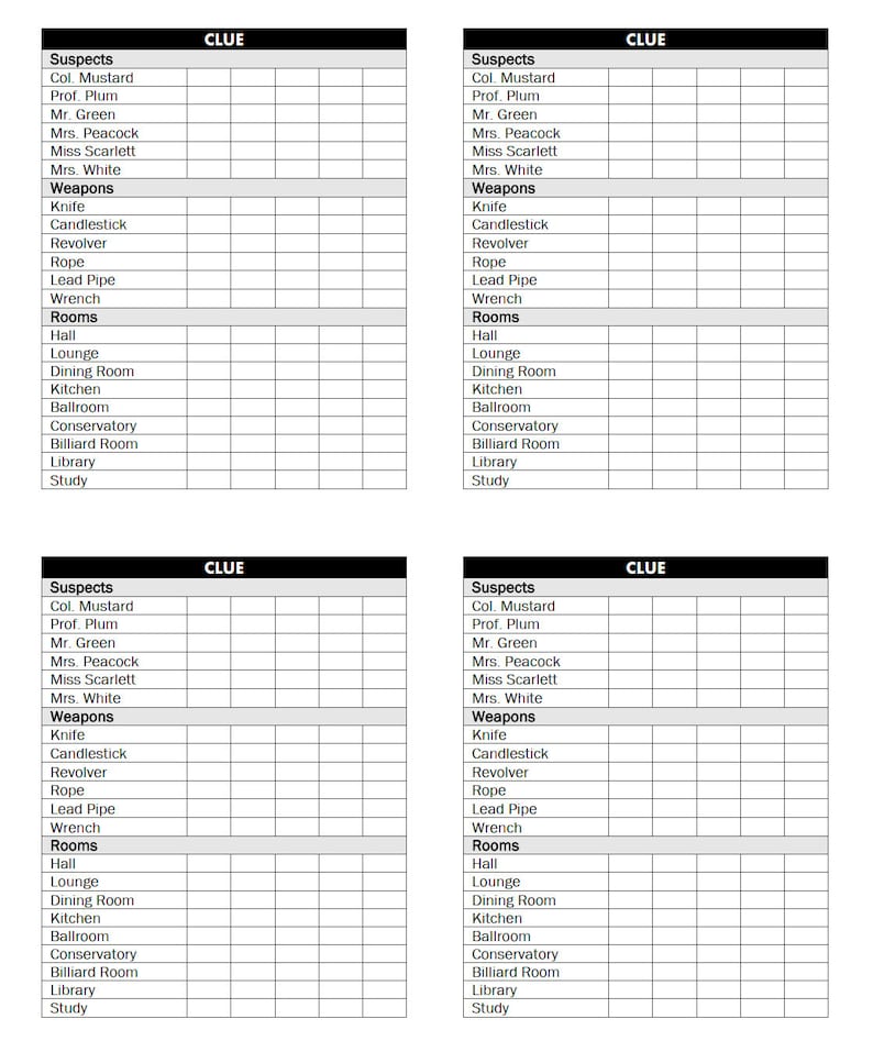 Clue Score Sheets: Printable Game Sheets (digital Download) - Etsy