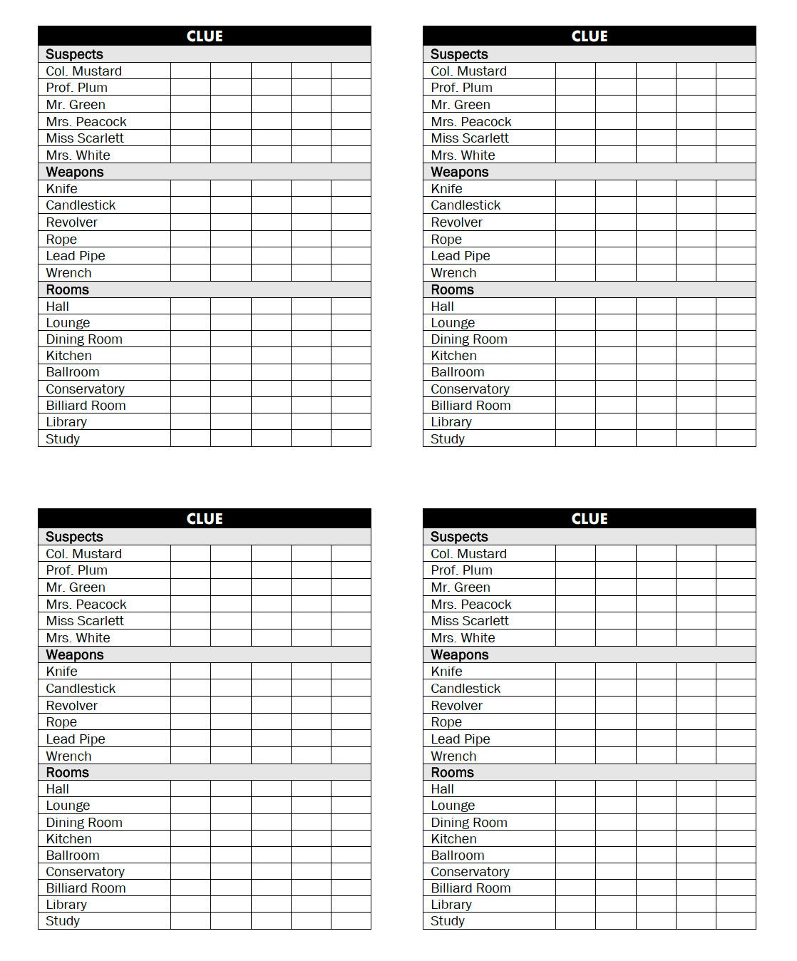 Clue Score Sheets - Digital Download PDF - for Clue and Clue Master ...