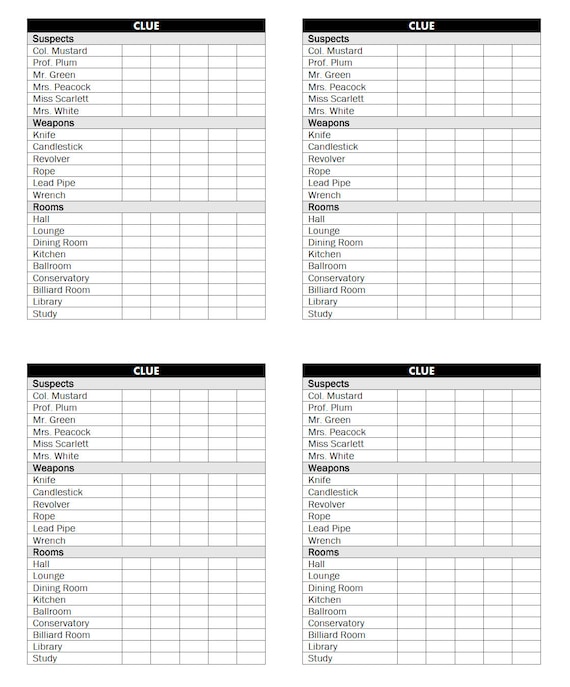 Clue Board Game Sheets