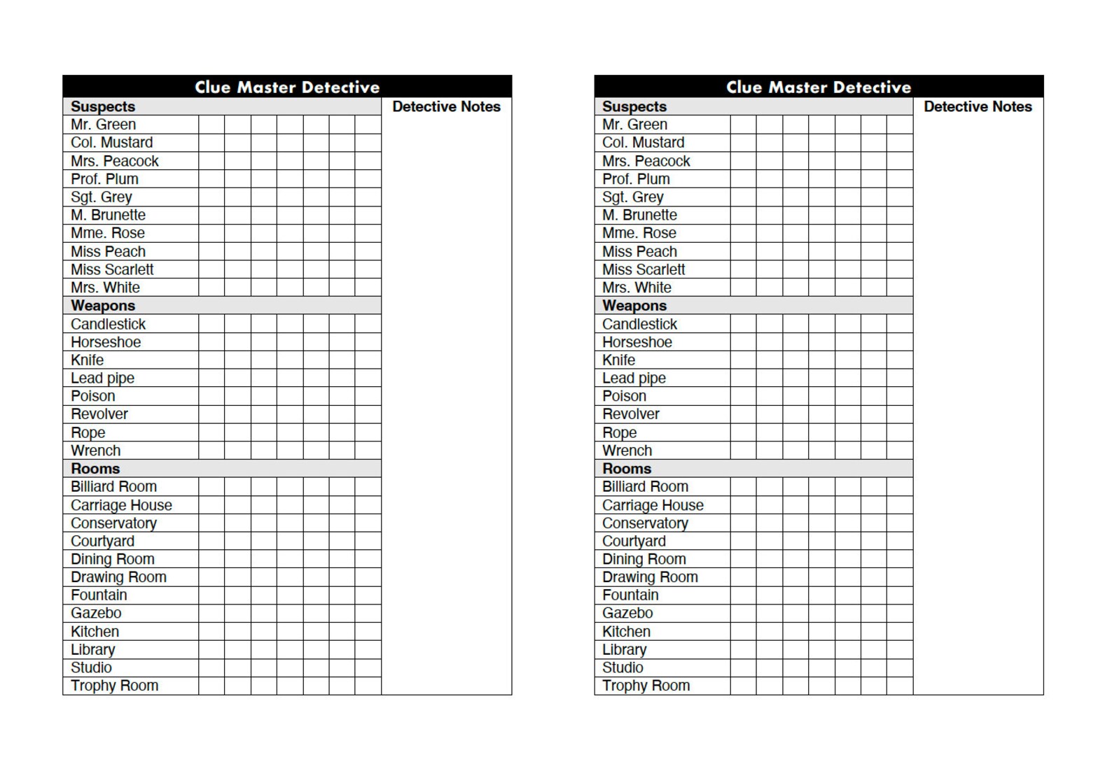 Clue Score Sheets: Printable Game Sheets (digital Download) - Etsy