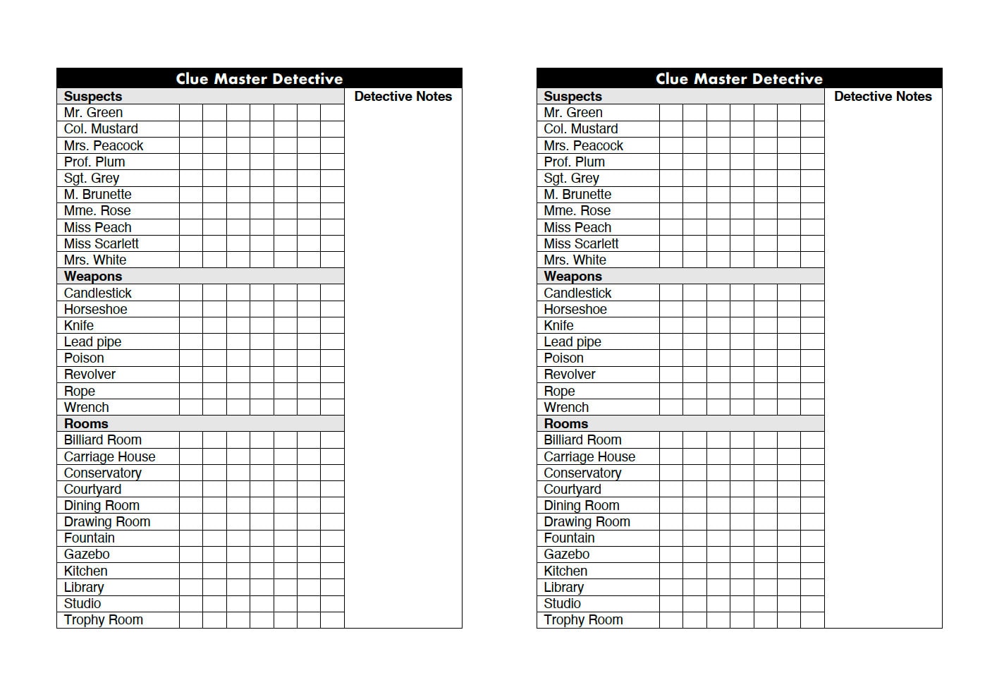 Clue Score Sheets - Digital Download PDF - for Clue and Clue Master ...