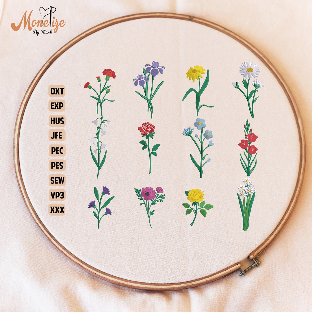 Birth Month Flowers Machine Embroidery, Flowers Embroidery Designs ...