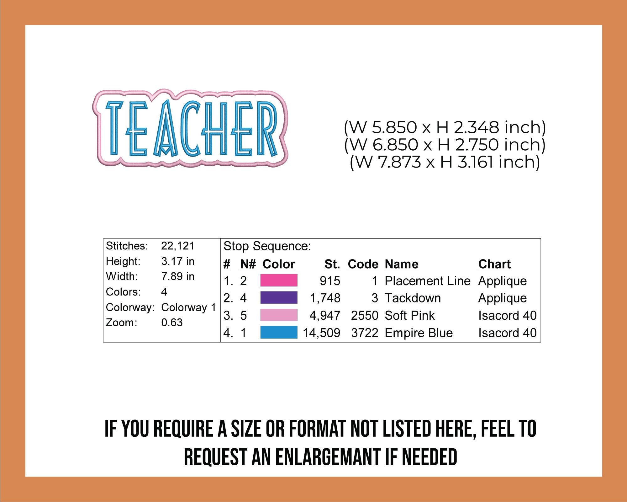 Teacher Embroidery Design, Best Teacher Ever Machine Embroidery Pattern ...