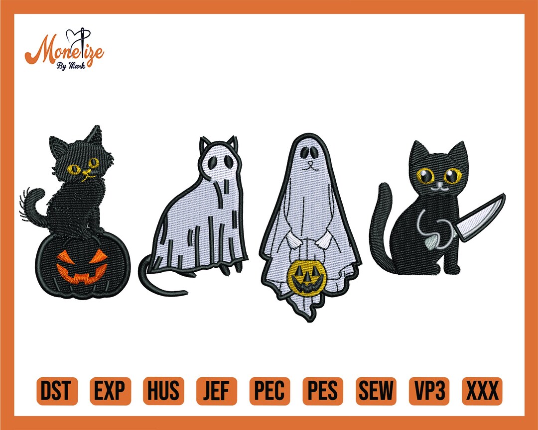 Halloween Cats Embroidery Design, Boo Black Cat Sitting on Pumpkin ...