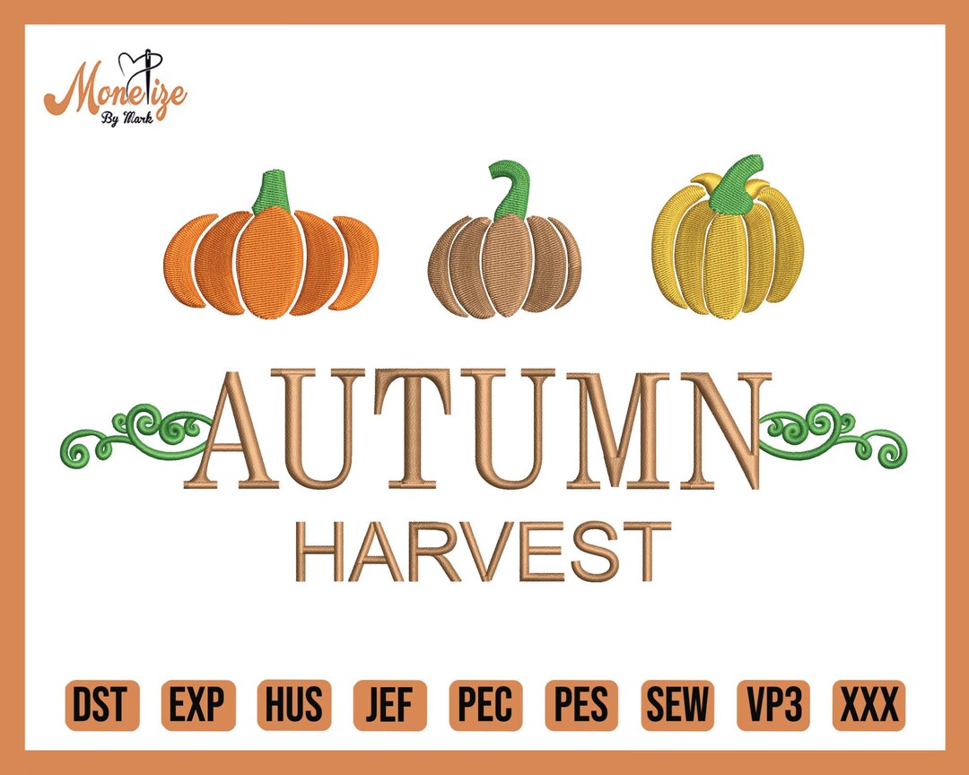 Autumn Harvest Embroidery Design, Fall Pumpkins Digital Embroidery ...