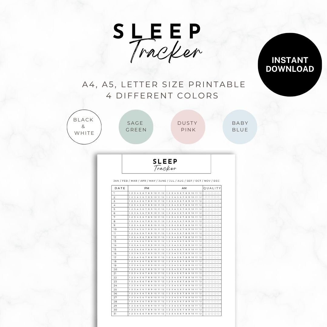 Sleep Tracker Printable, Monthly Sleep Log, Sleep Quality Journal ...