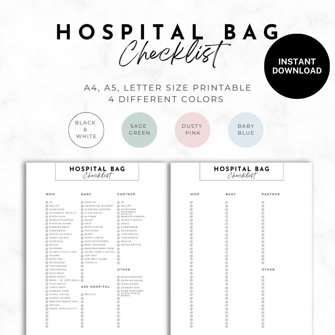 Hospital Bag Checklist Printable, Birth Bag Packing List, Pregnancy ...