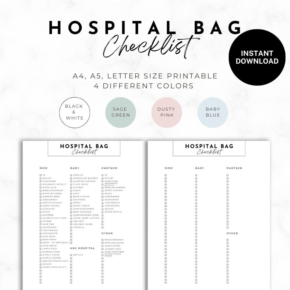 Hospital Bag Checklist Printable, Birth Bag Packing List, Pregnancy ...