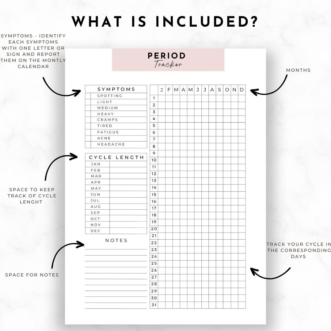 Printable Period Tracker, Symptom Tracker, Period Journal, Ovulation ...